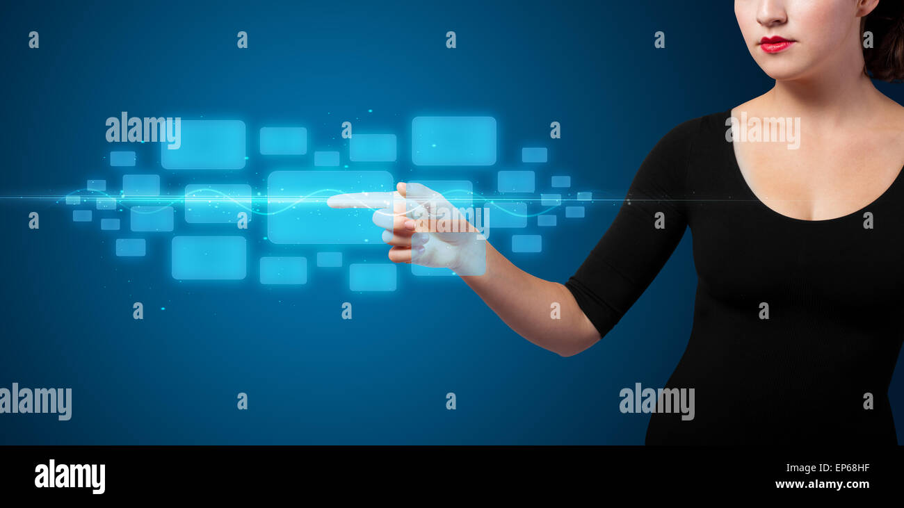Businesswoman pressing high tech type of modern buttons Stock Photo - Alamy
