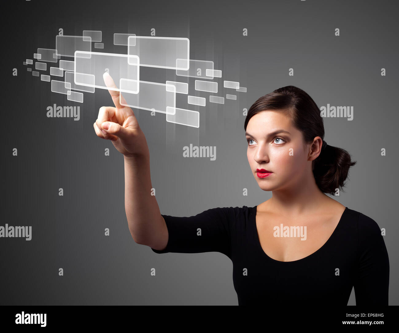 Businesswoman pressing high tech type of modern buttons Stock Photo - Alamy