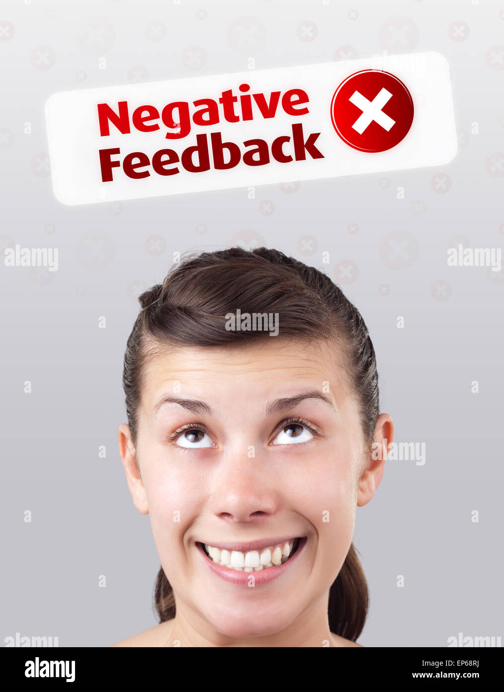 Young girl looking at positive negative signs Stock Photo - Alamy