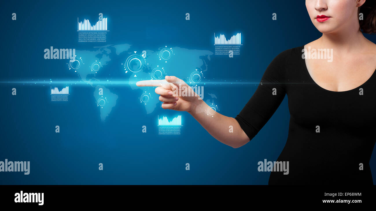 Businesswoman pressing modern business type of buttons Stock Photo - Alamy