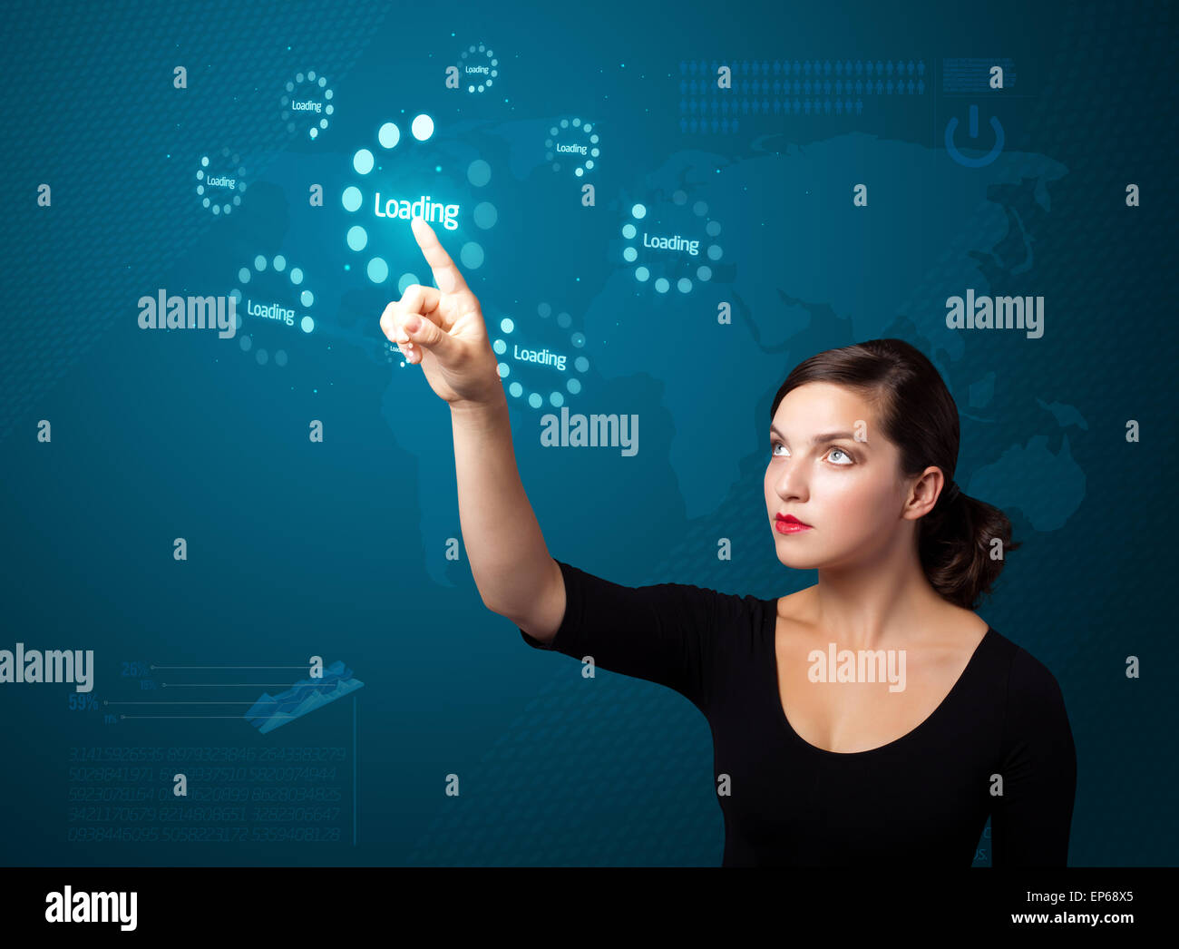 Businesswoman pressing simple type of start buttons Stock Photo - Alamy