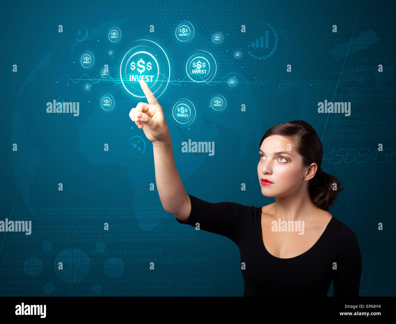 Businesswoman pressing modern business type of buttons Stock Photo - Alamy