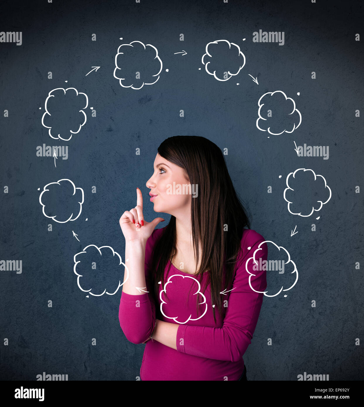 Young woman thinking with cloud circulation around her head Stock Photo ...