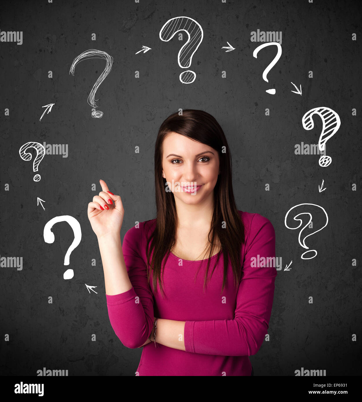Young woman thinking with question mark circulation around her head ...