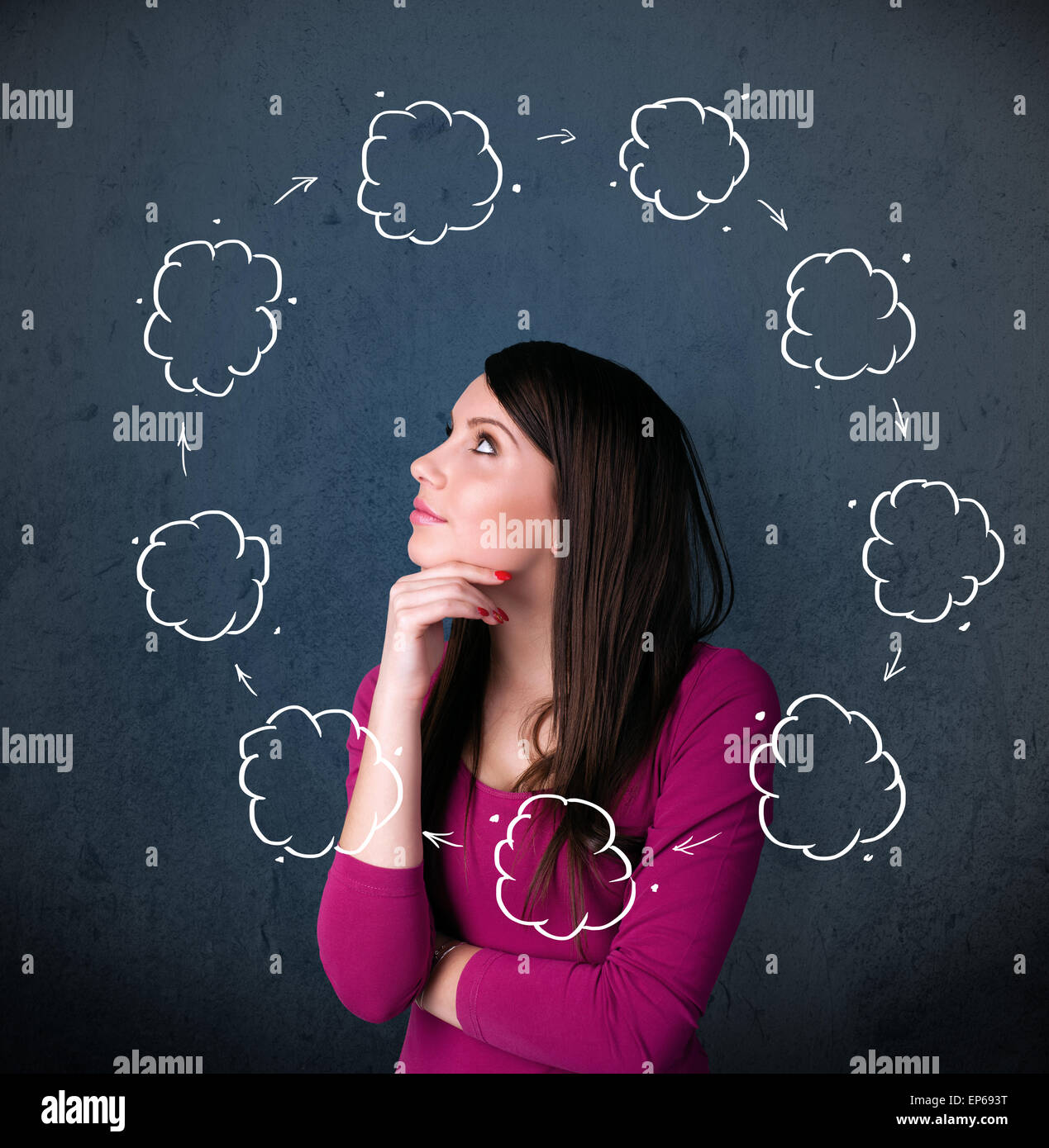 Young woman thinking with cloud circulation around her head Stock Photo ...