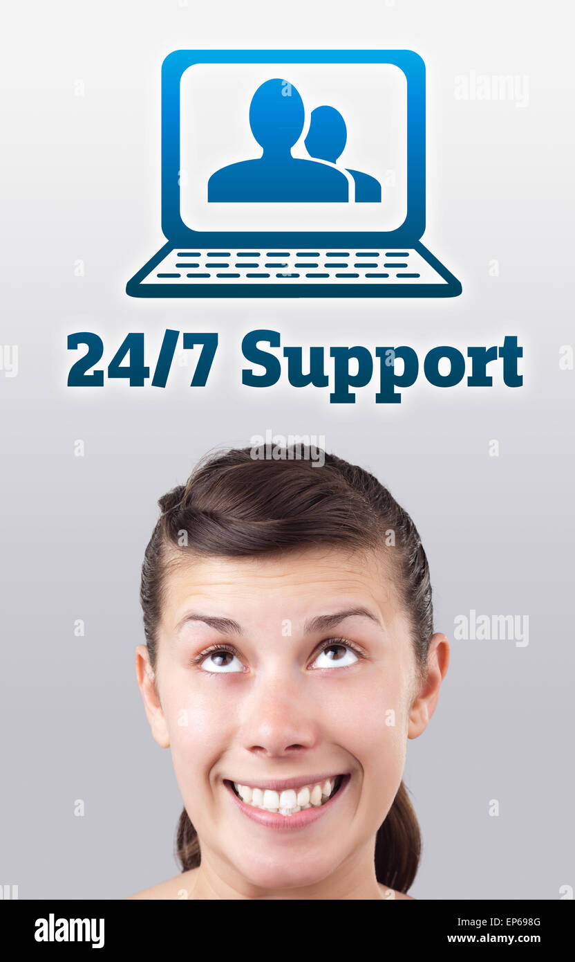 Young girl looking at support contact type of icons and signs Stock ...