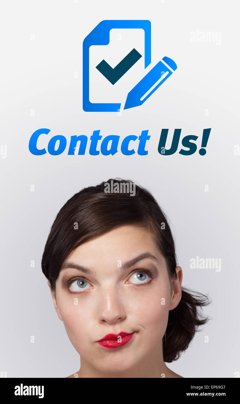 Young girl looking at support contact type of icons and signs Stock ...