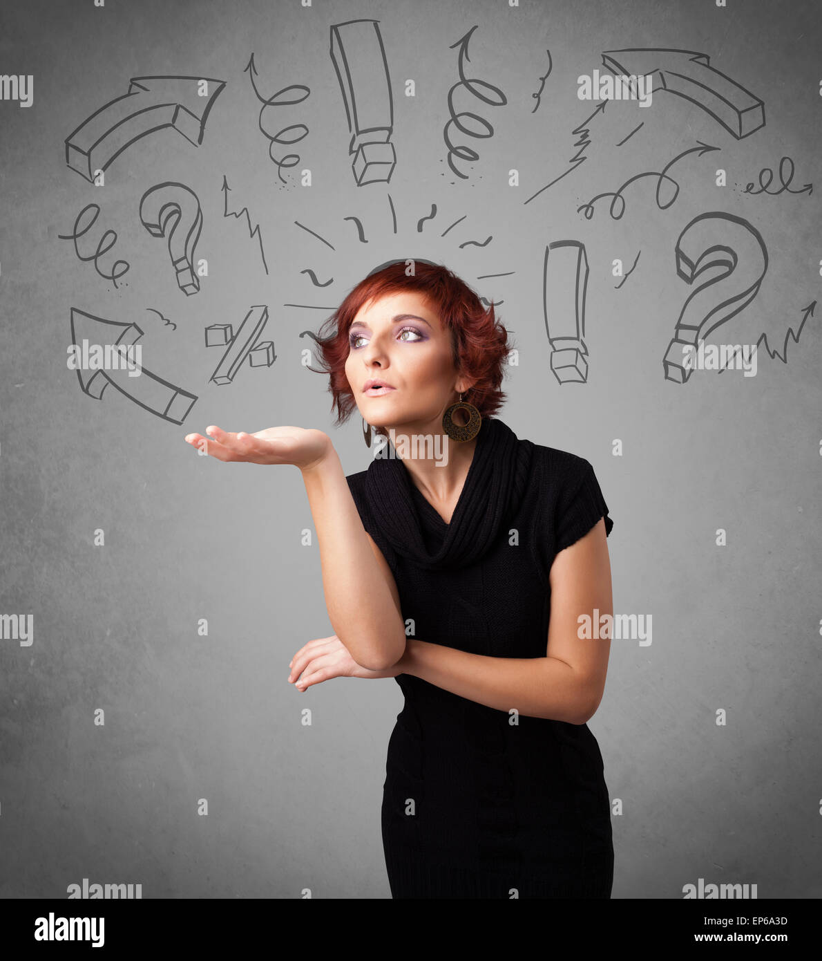 Cute young girl with question sign doodles Stock Photo - Alamy