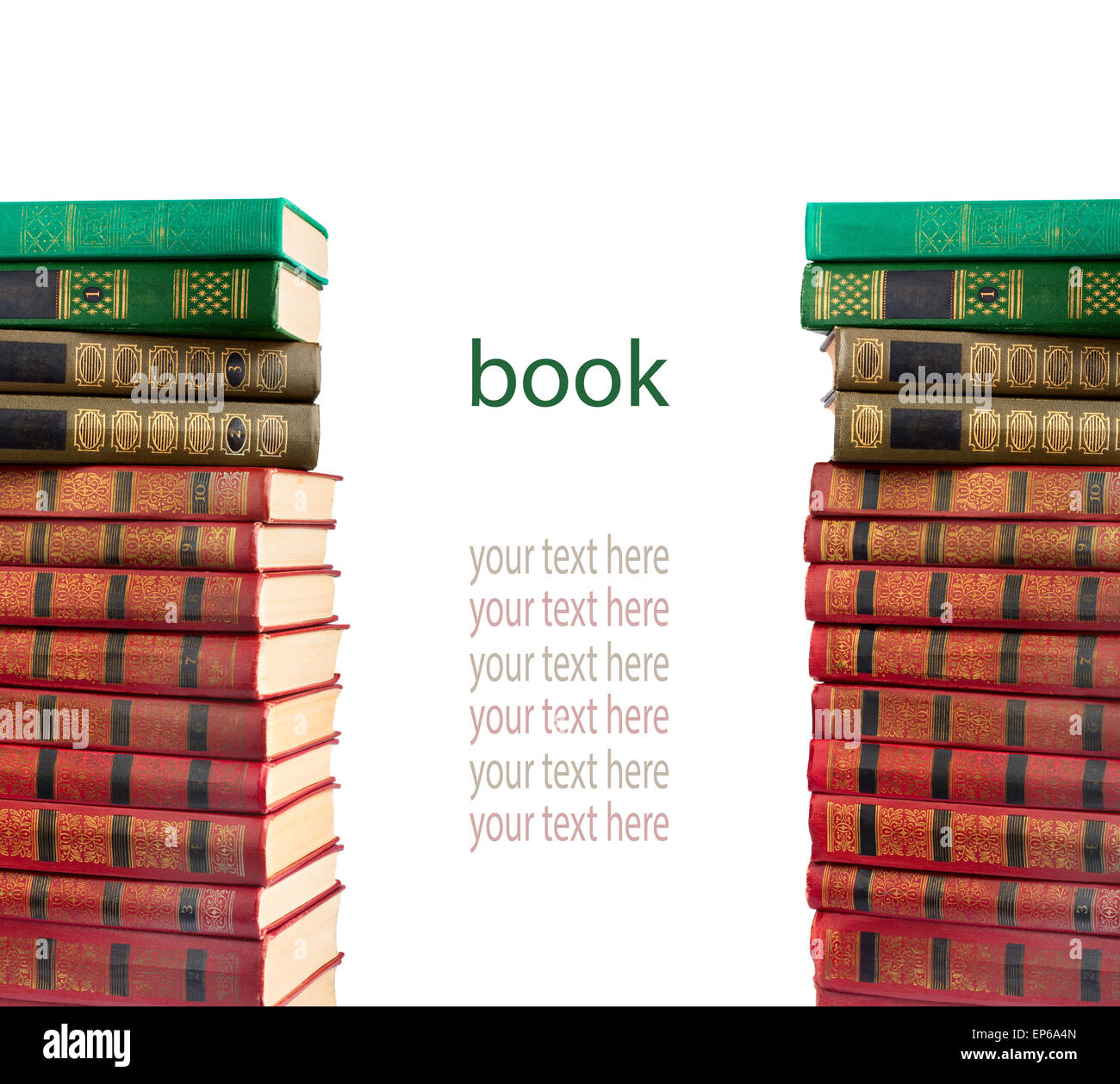 A stack of old books with gold stamping on a white background isolated ...