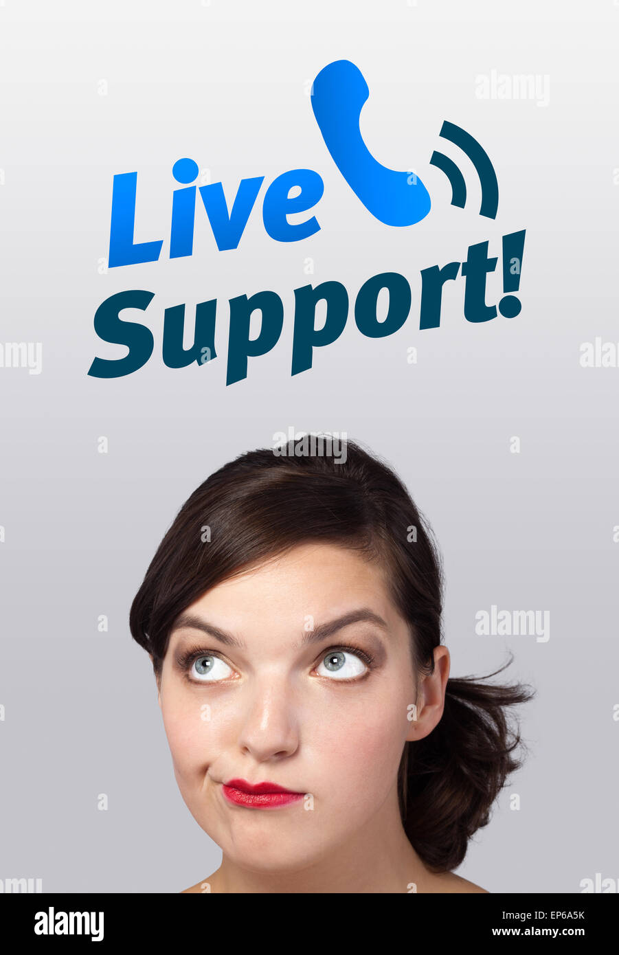 Young girl looking at support contact type of icons and signs Stock ...