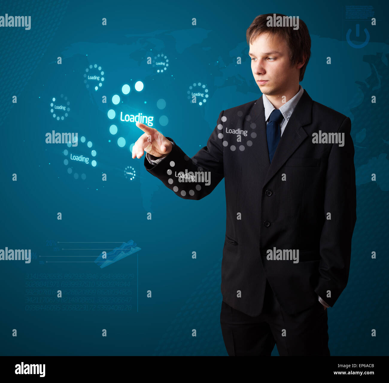 Businessman pressing simple type of start buttons Stock Photo - Alamy