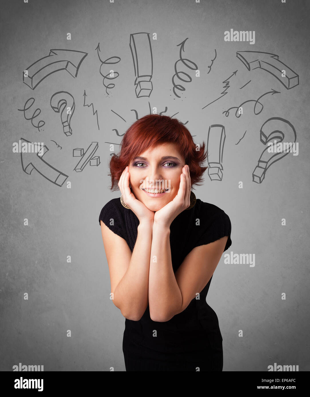 Cute young girl with question sign doodles Stock Photo - Alamy