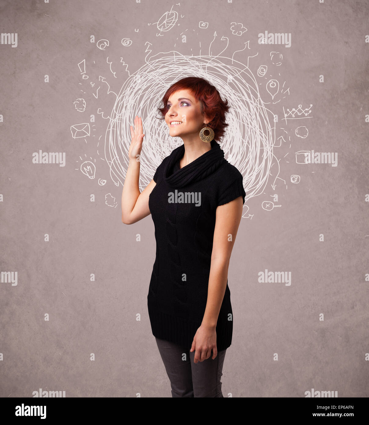 Pretty young girl with abstract circular doodle lines and icons Stock ...