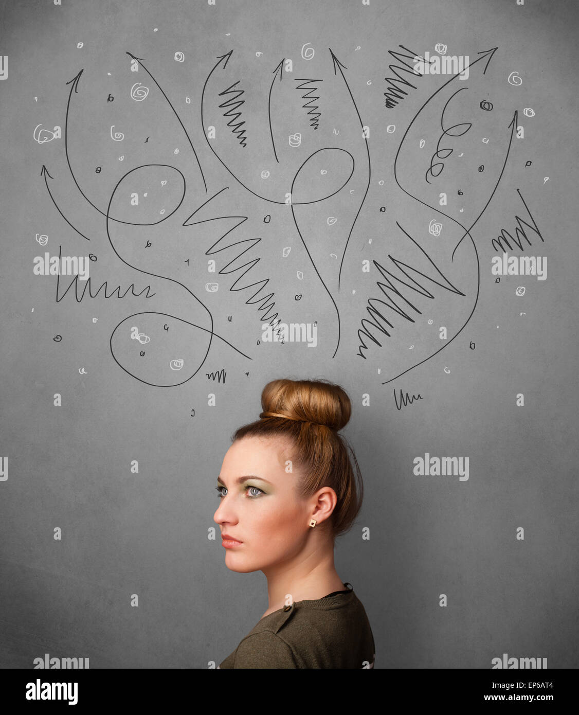 Young woman thinking with arrows over her head Stock Photo - Alamy