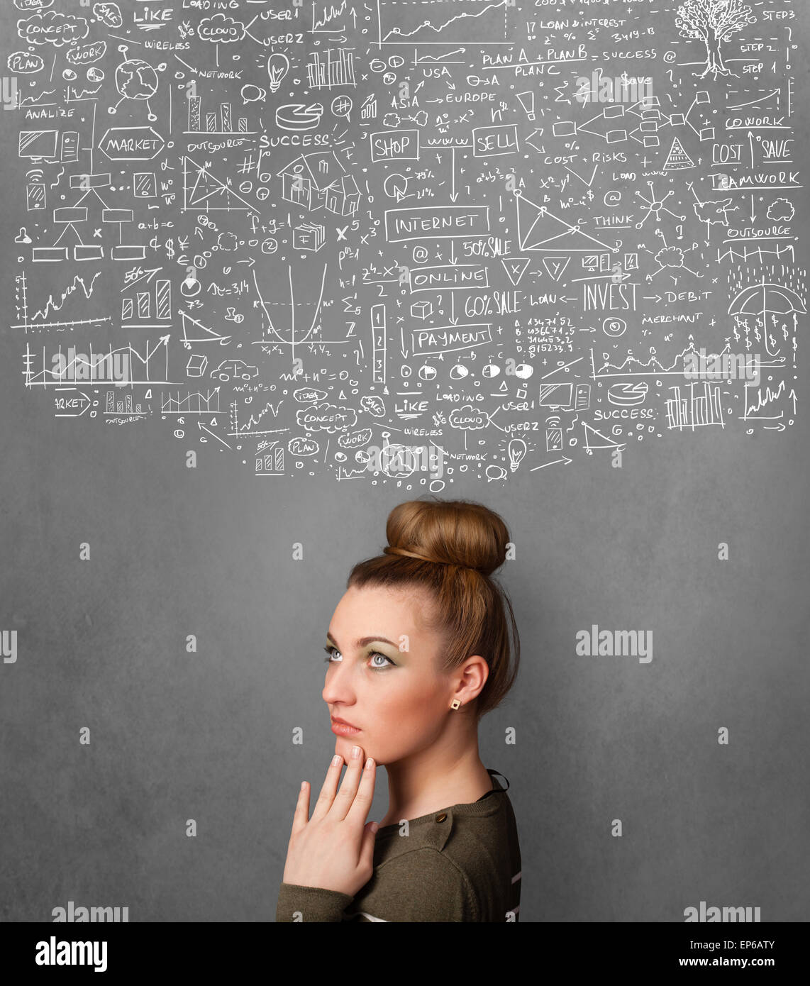 Young woman gesturing with sketched charts above her head Stock Photo ...