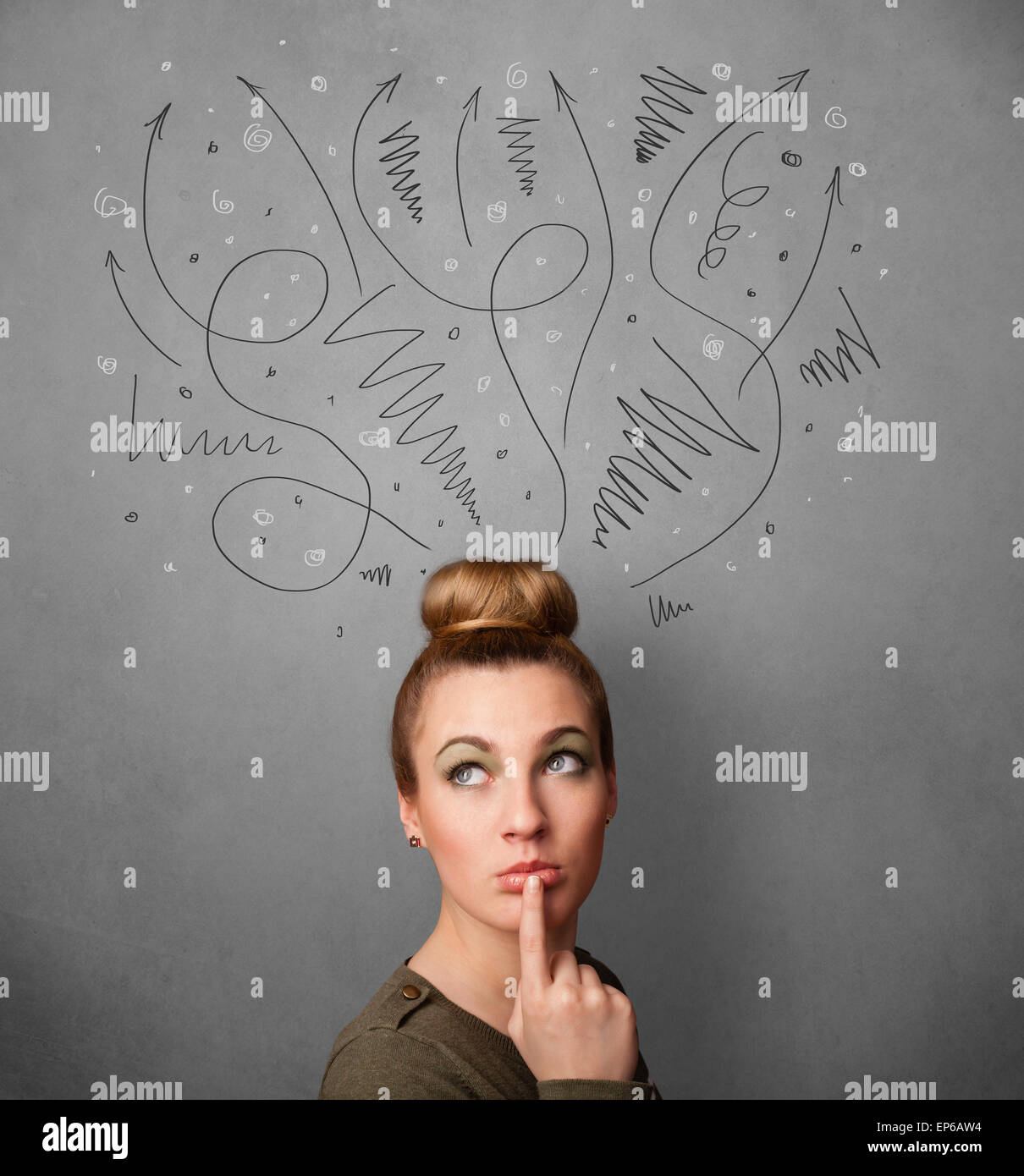 Young woman thinking with arrows over her head Stock Photo - Alamy