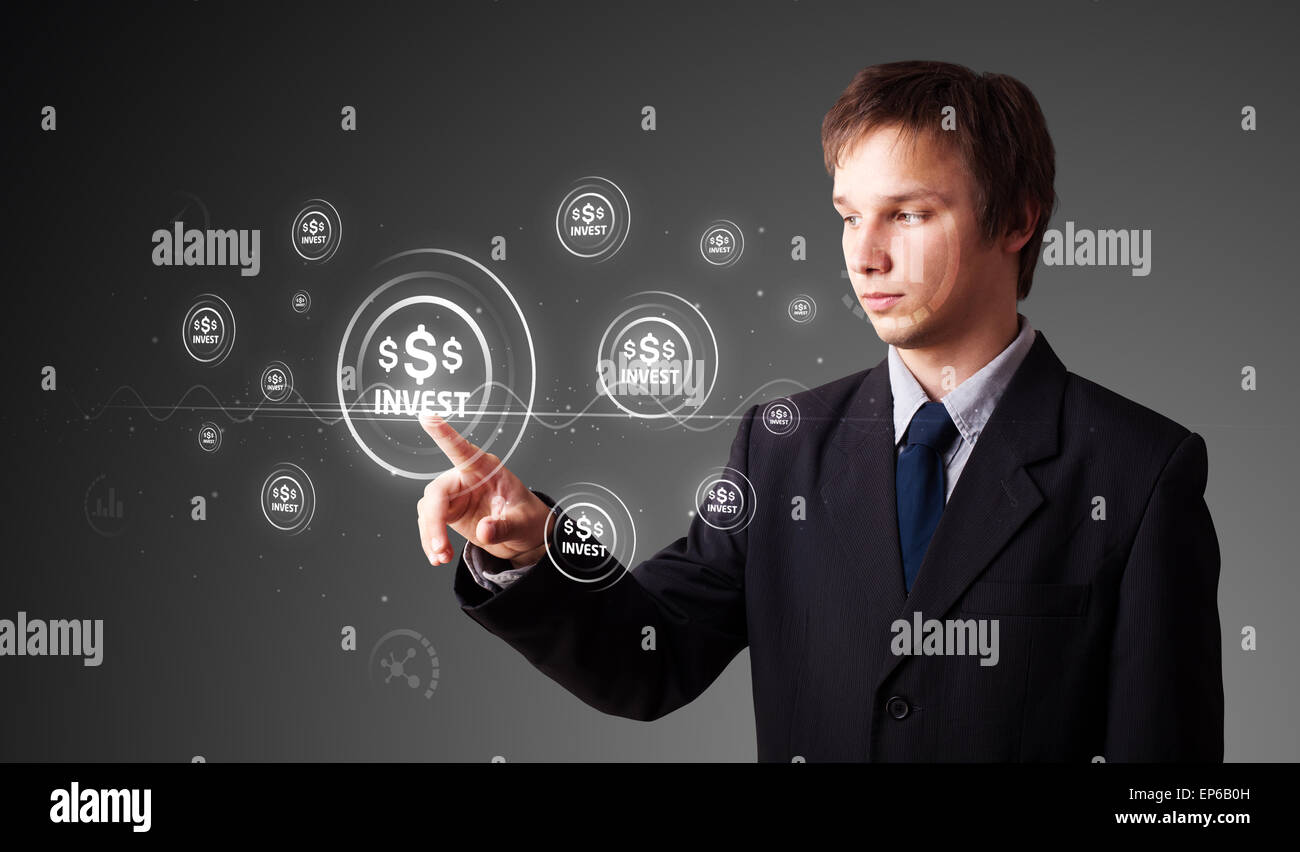 Businessman pressing modern business type of buttons Stock Photo - Alamy