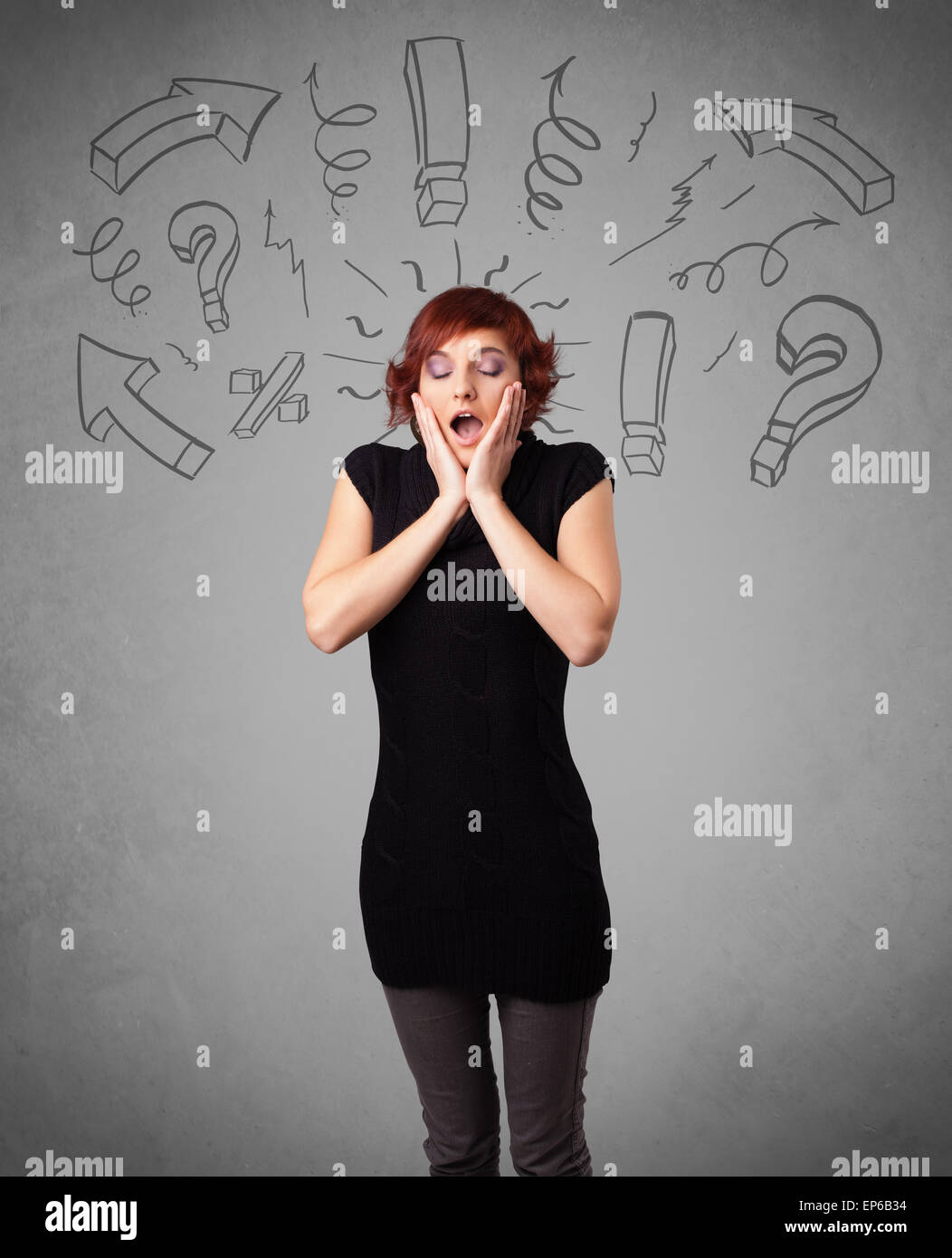 Cute young girl with question sign doodles Stock Photo - Alamy