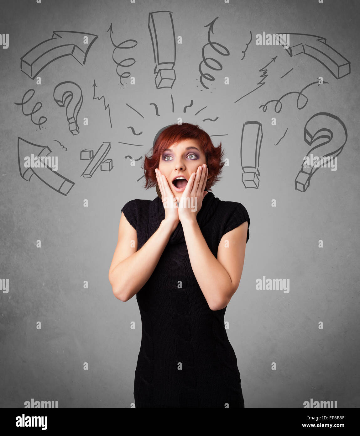 Cute young girl with question sign doodles Stock Photo - Alamy