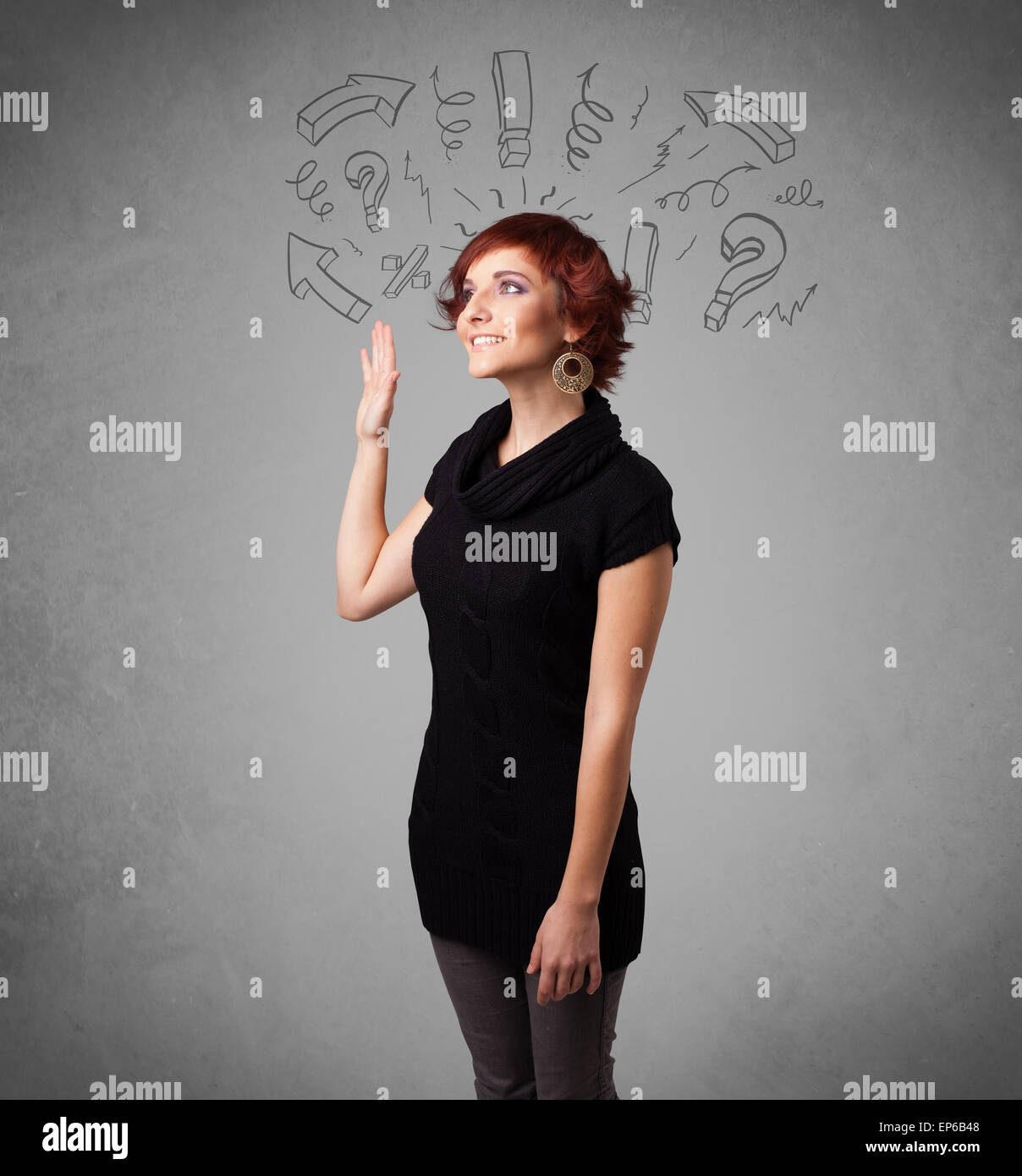 Cute young girl with question sign doodles Stock Photo - Alamy