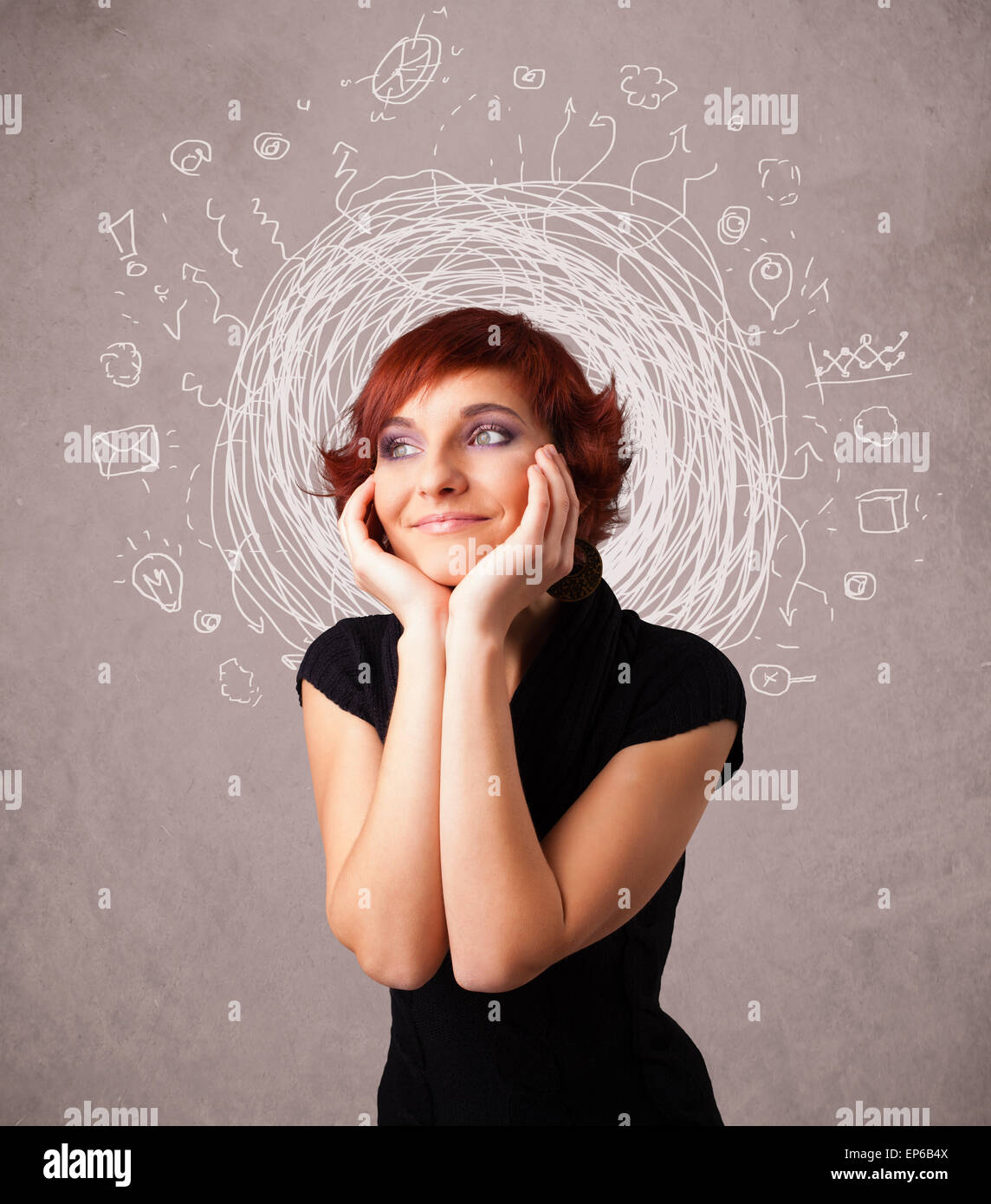Pretty young girl with abstract circular doodle lines and icons Stock ...