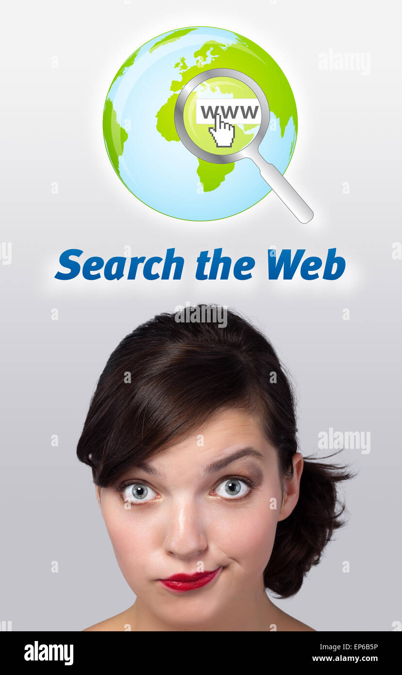 Young girl looking at internet type of icons Stock Photo - Alamy