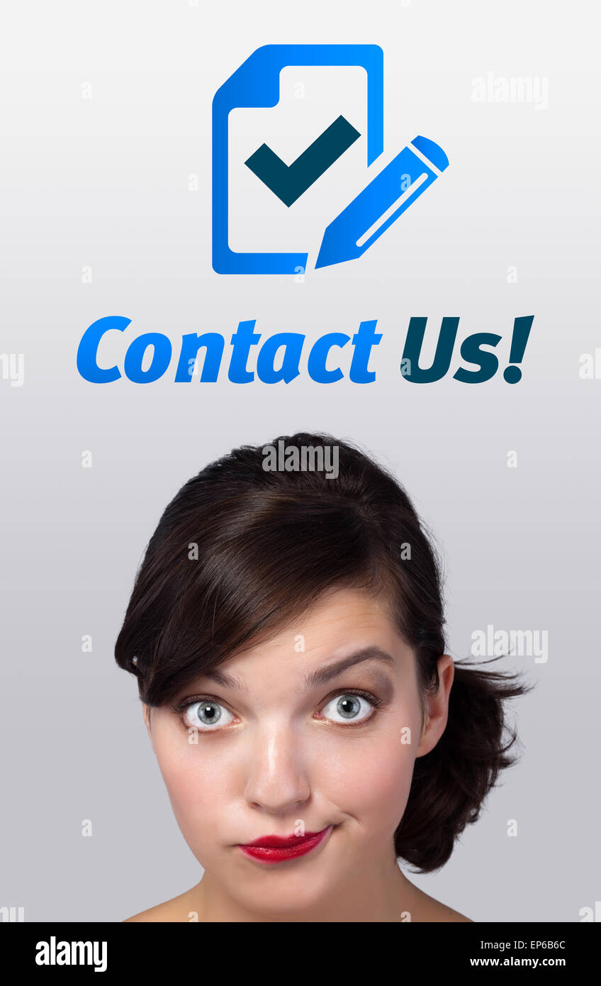 Young girl looking at support contact type of icons and signs Stock ...