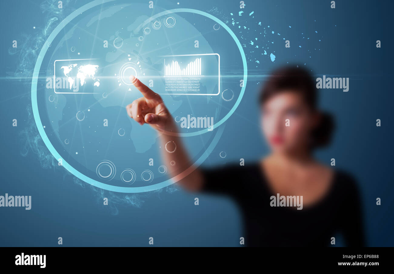 Businesswoman pressing high tech type of modern buttons Stock Photo - Alamy