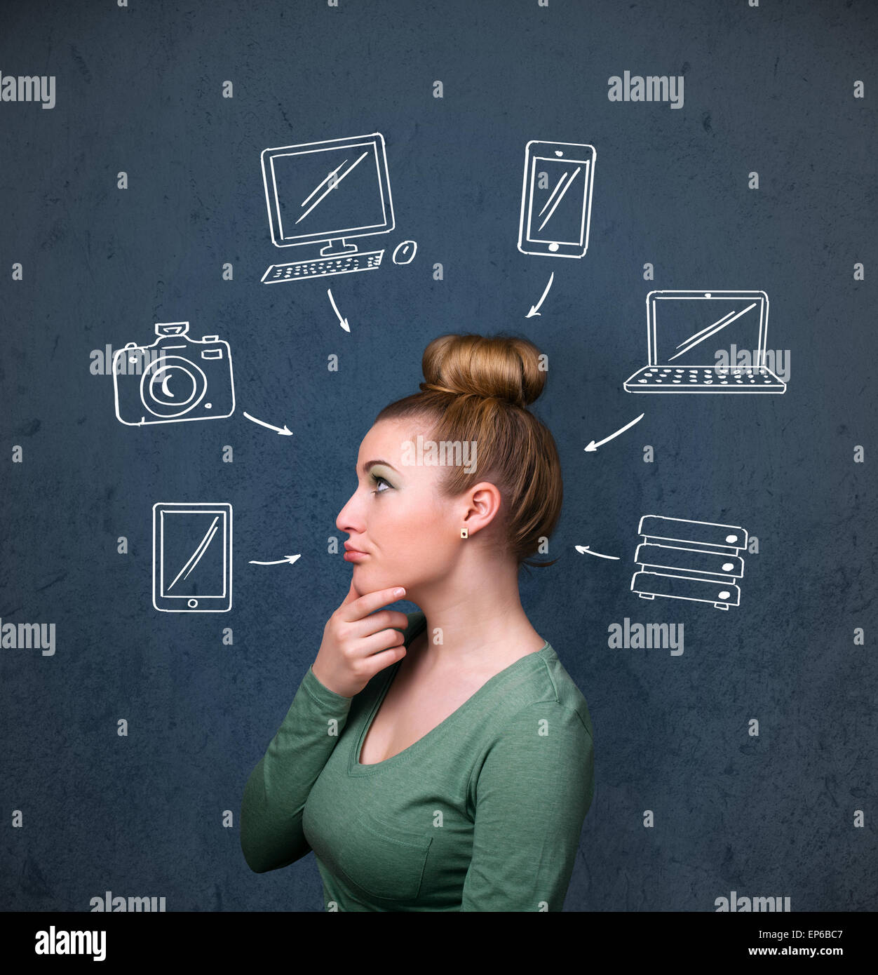 Young woman thinking with drawn gadgets around her head Stock Photo - Alamy