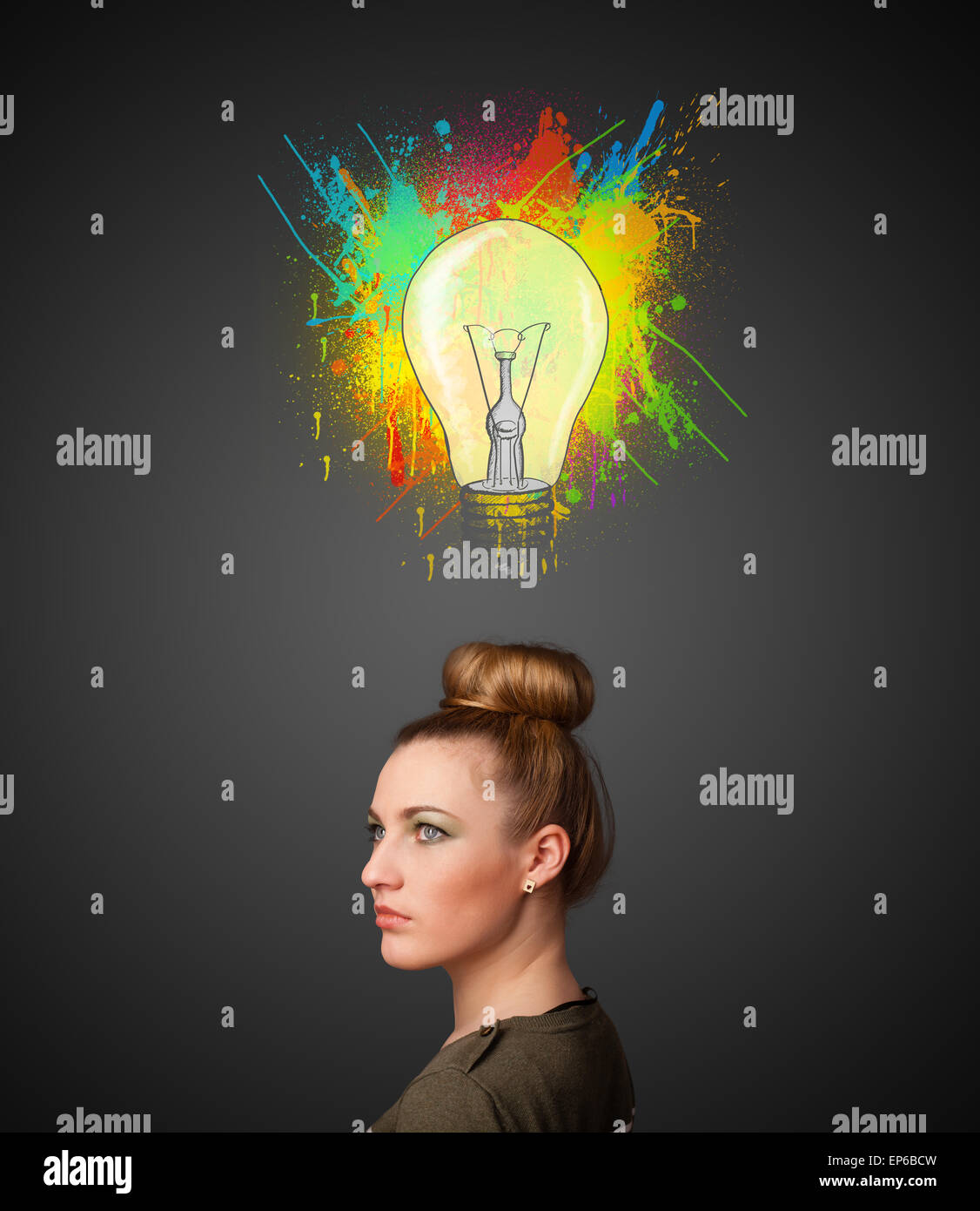 Young woman thinking with lightbulb above her head Stock Photo - Alamy