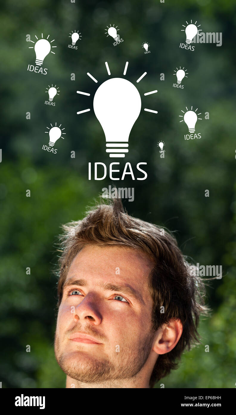 Young person looking at idea type of sign Stock Photo - Alamy