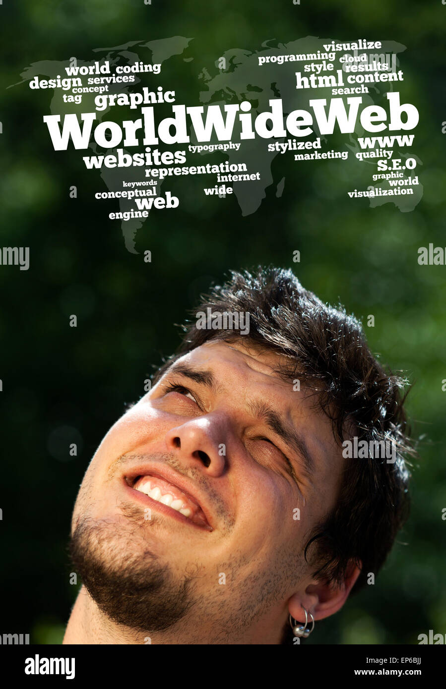 Young head looking at internet type of icons Stock Photo - Alamy