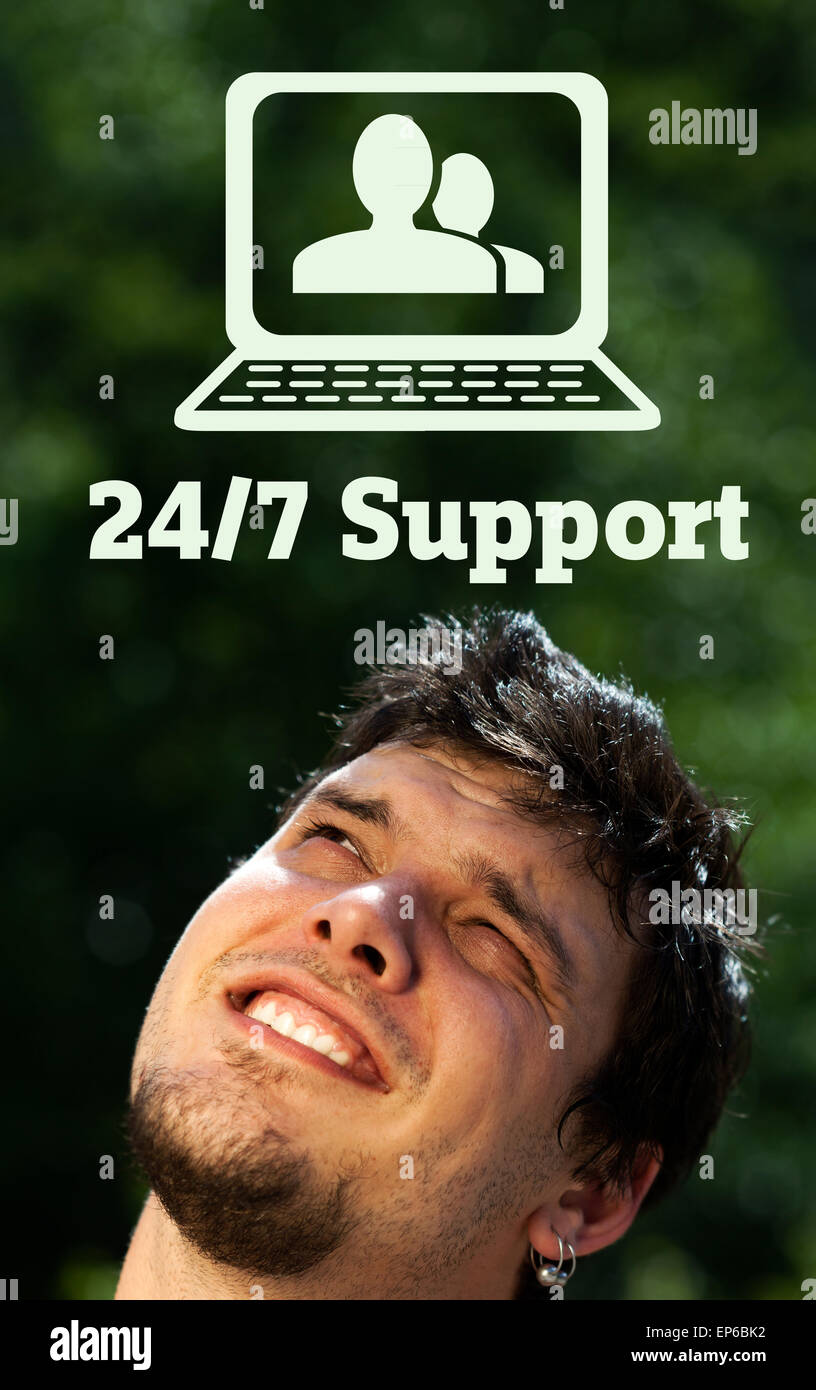 Young head looking at support contact type of icons and signs Stock ...