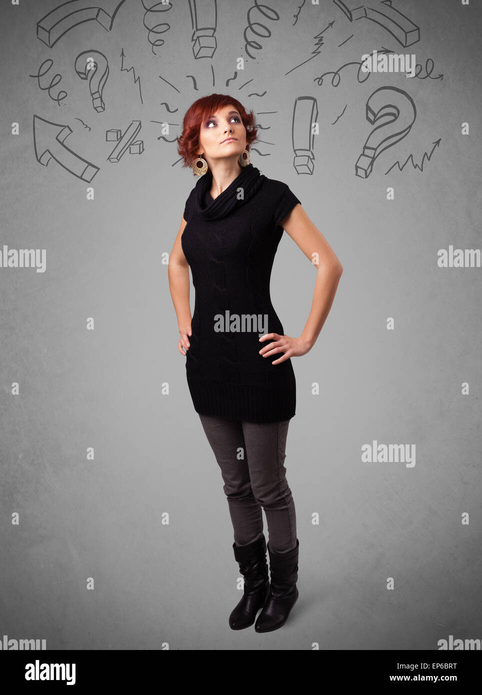 Cute young girl with question sign doodles Stock Photo - Alamy