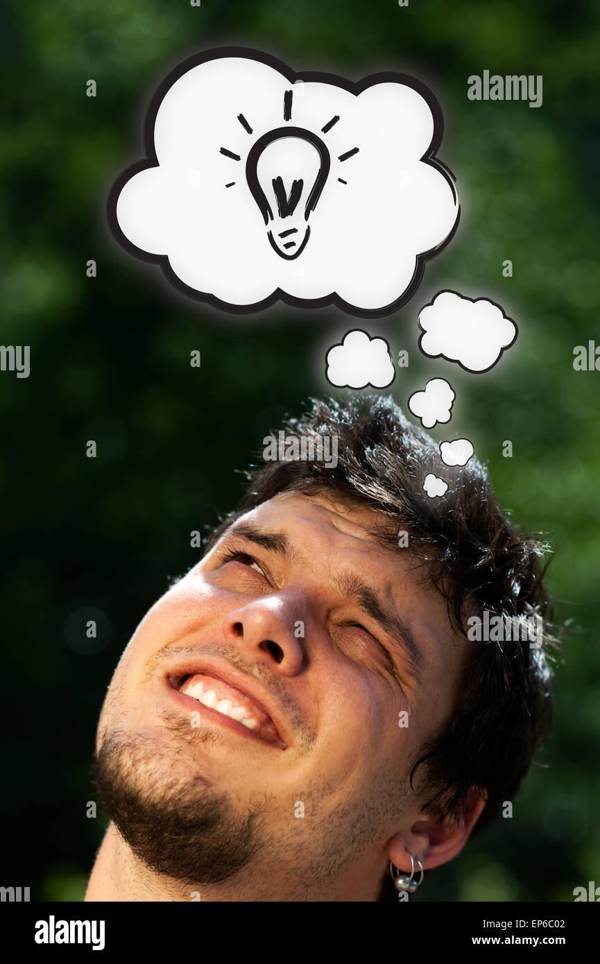 Young head thinking with clouds Stock Photo - Alamy