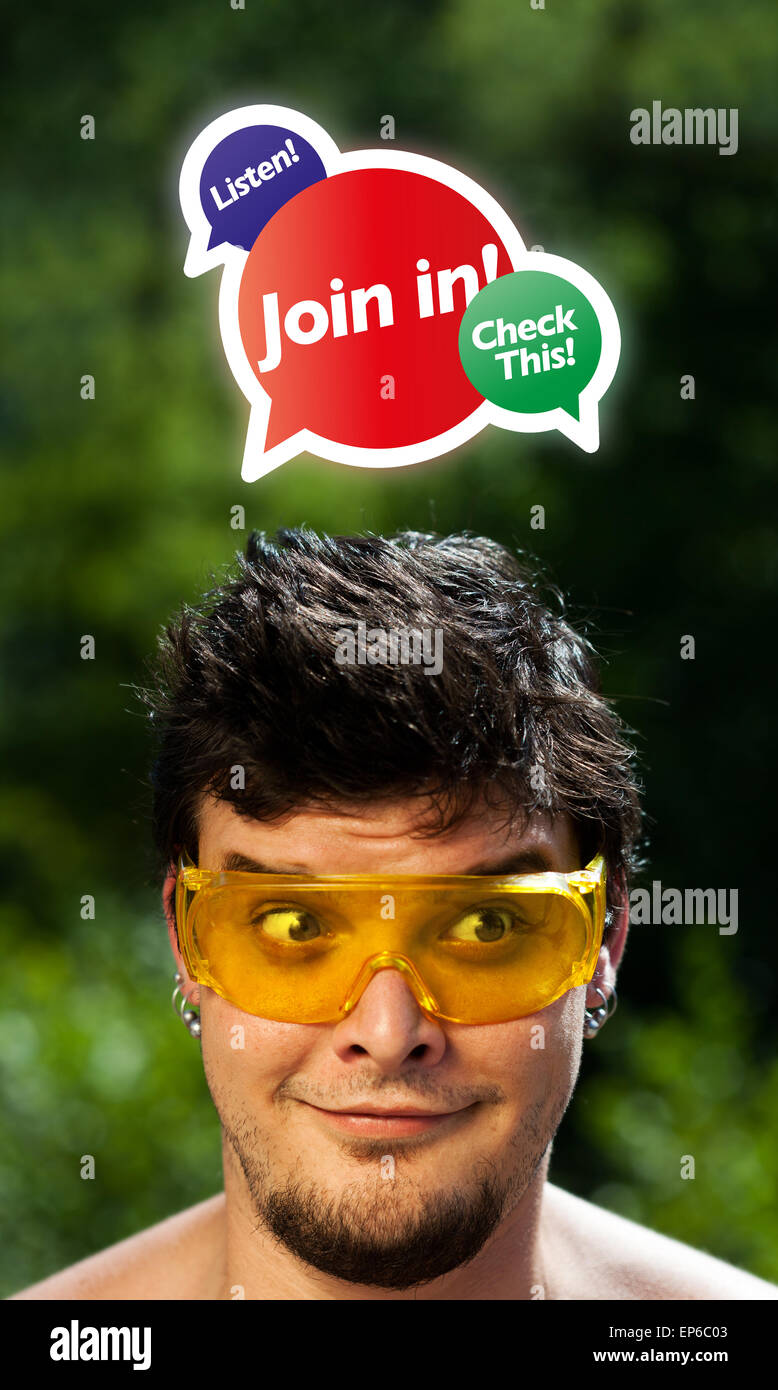 Young head looking at internet type of icons Stock Photo - Alamy