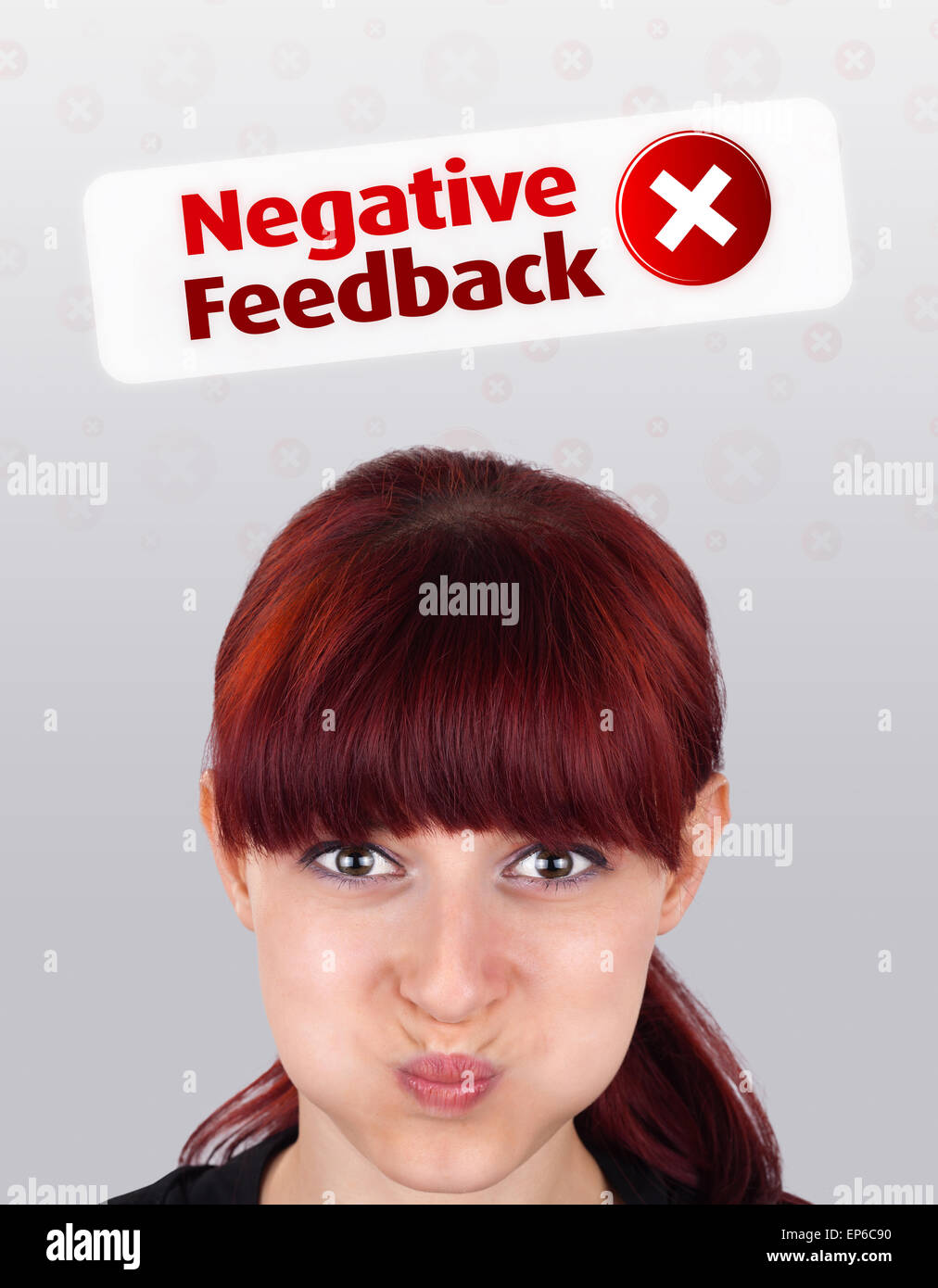 Young girl looking at positive negative signs Stock Photo - Alamy