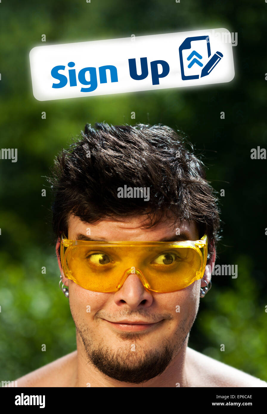 Young head looking at internet type of icons Stock Photo - Alamy