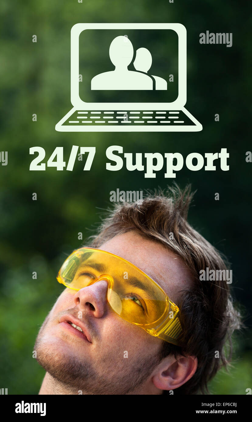 Young head looking at support contact type of icons and signs Stock ...