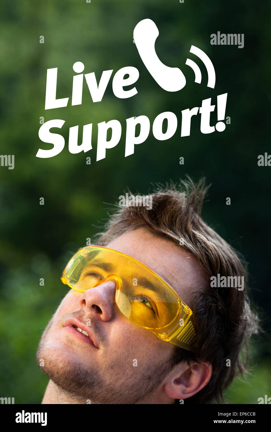 Young head looking at support contact type of icons and signs Stock ...