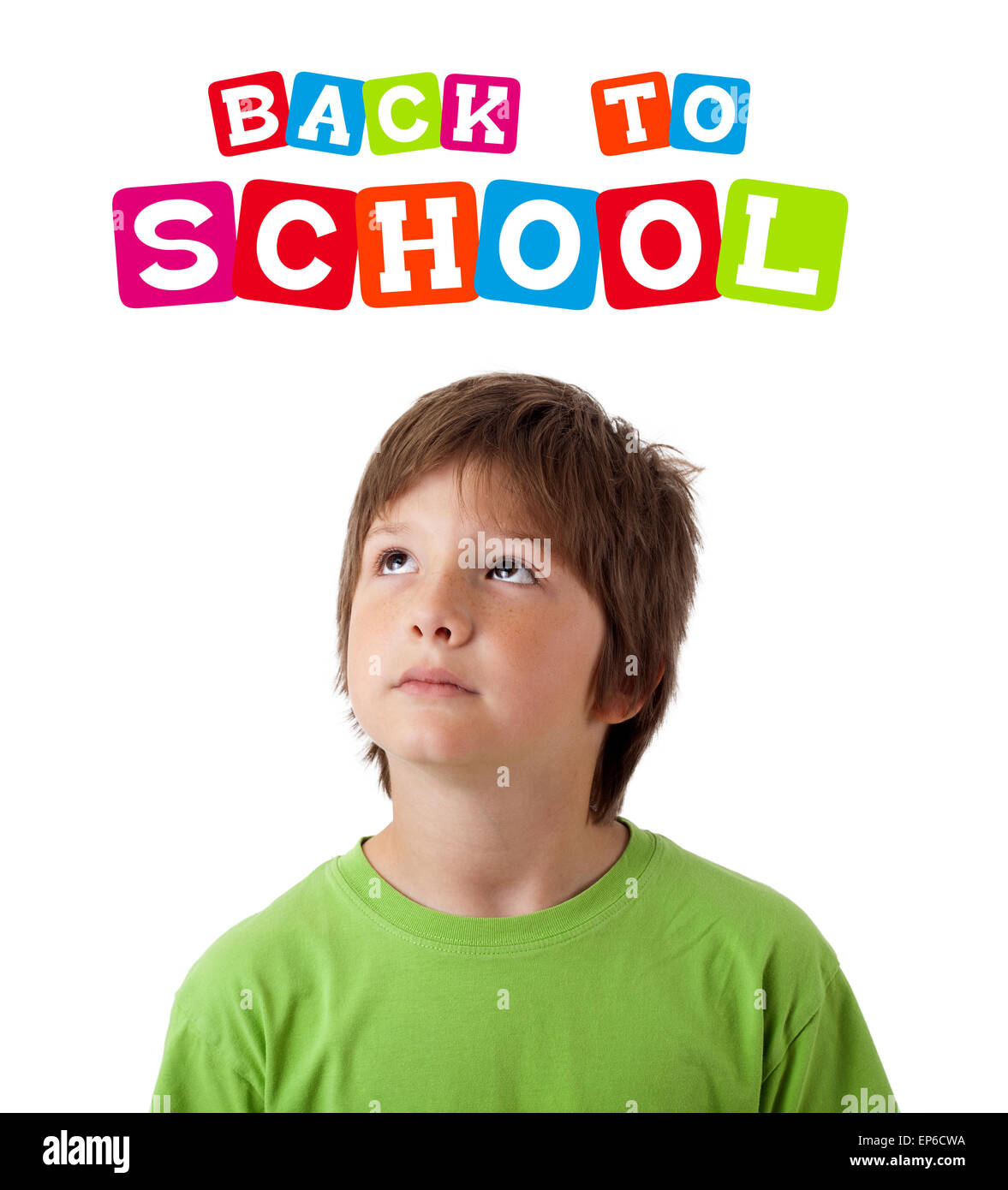 Boy looking with back to school theme isolated on white Stock Photo - Alamy