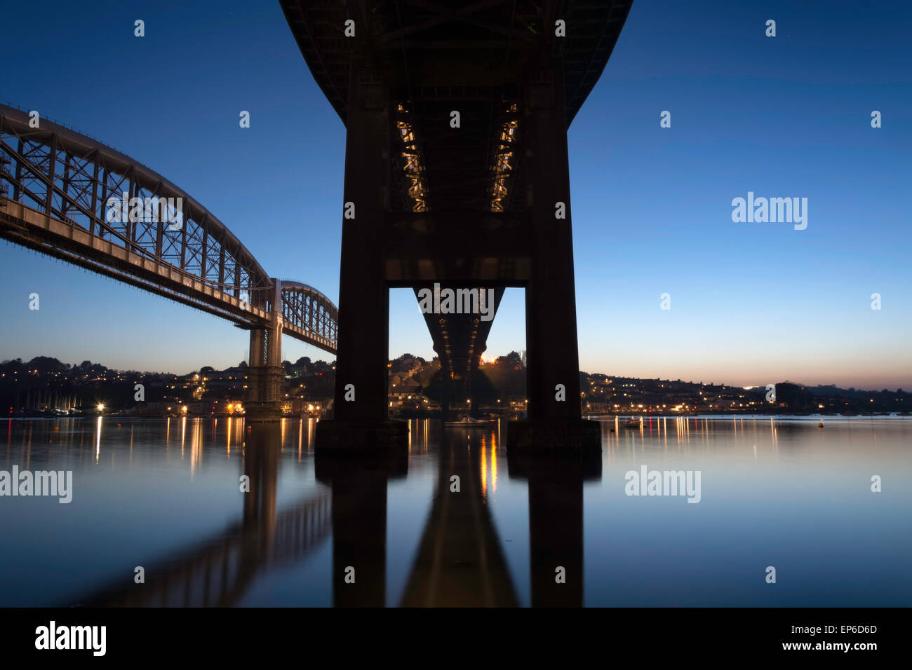 Tamar Bridges at night, clear water and clear sky Stock Photo - Alamy