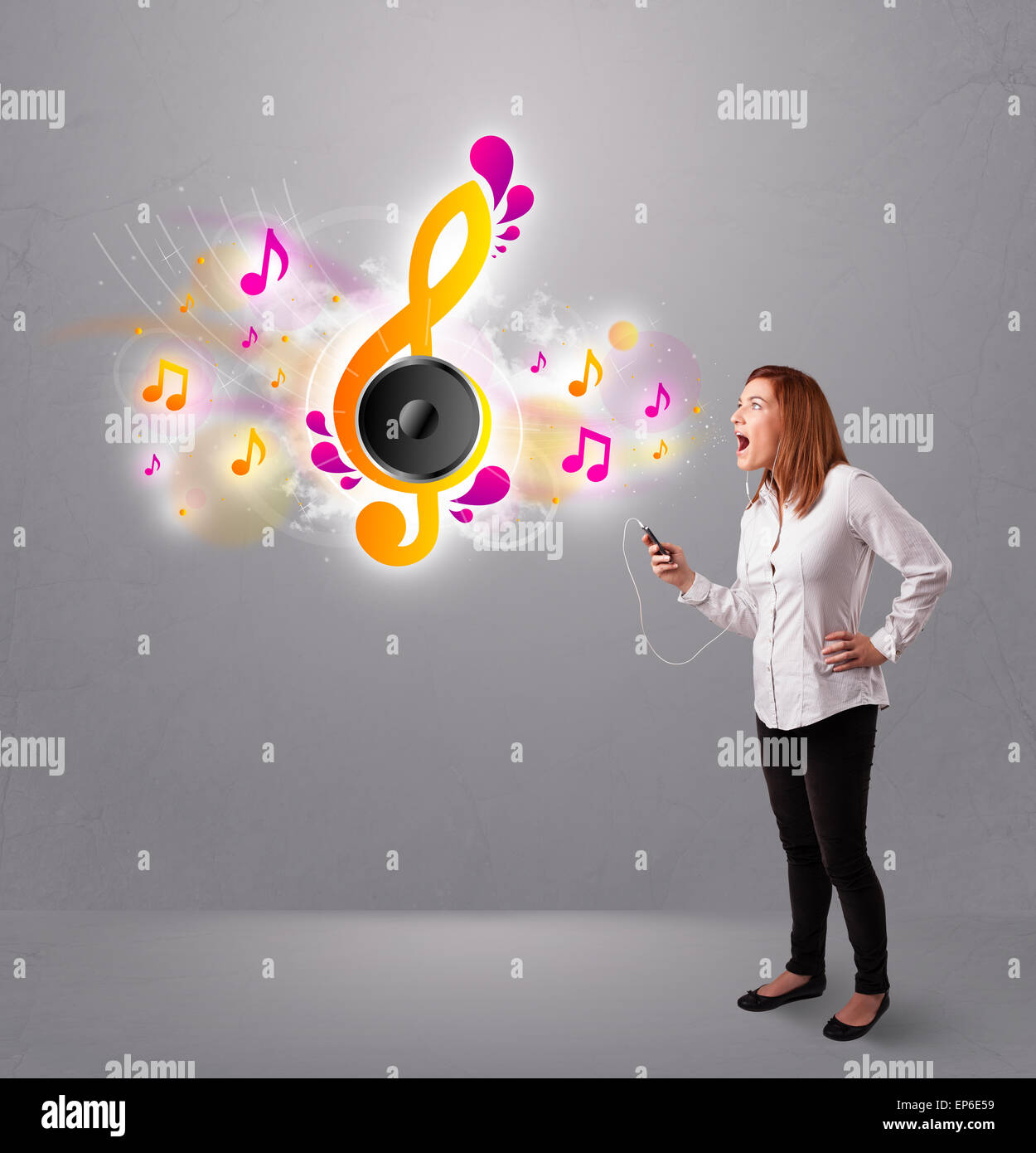 pretty girl singing and listening to music with musical notes Stock ...