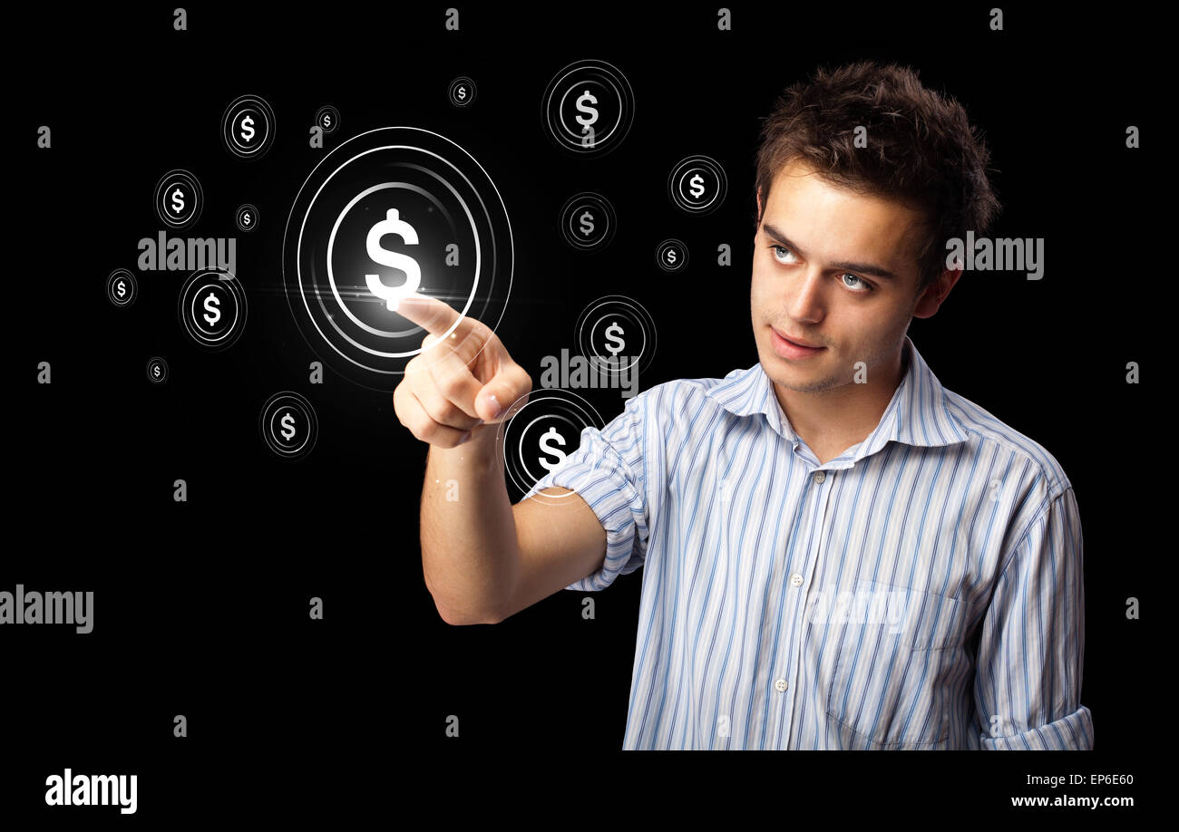 Businessman pressing modern business type of buttons Stock Photo - Alamy