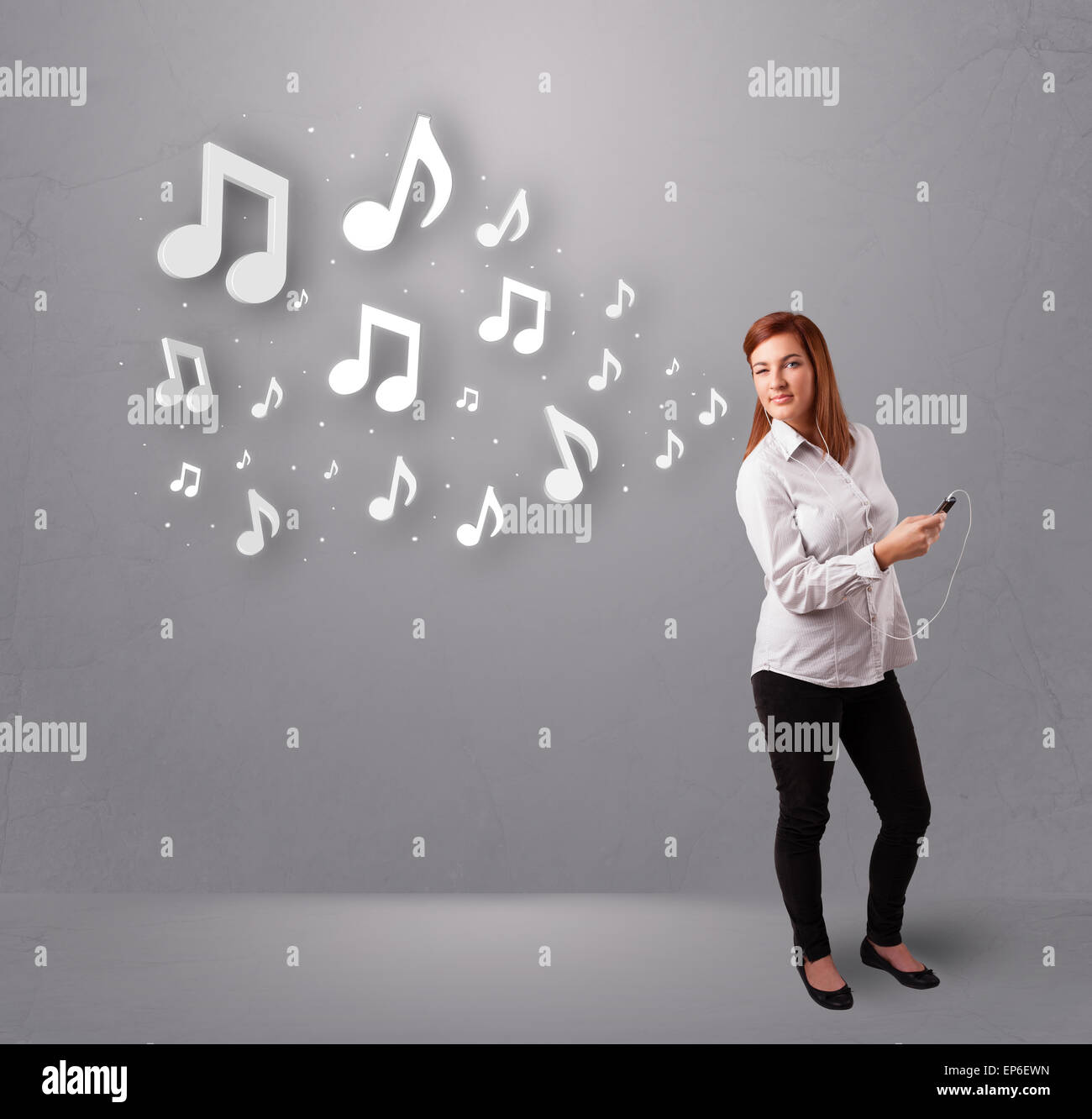 Pretty young woman singing and listening to music with musical notes ...