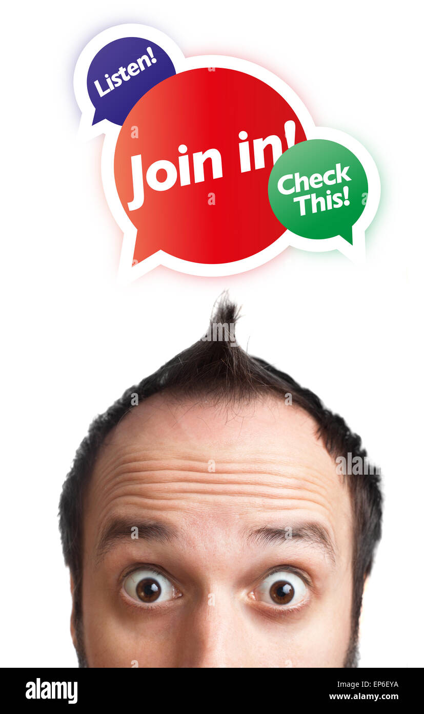 Young man with Join in mark over his head Stock Photo - Alamy