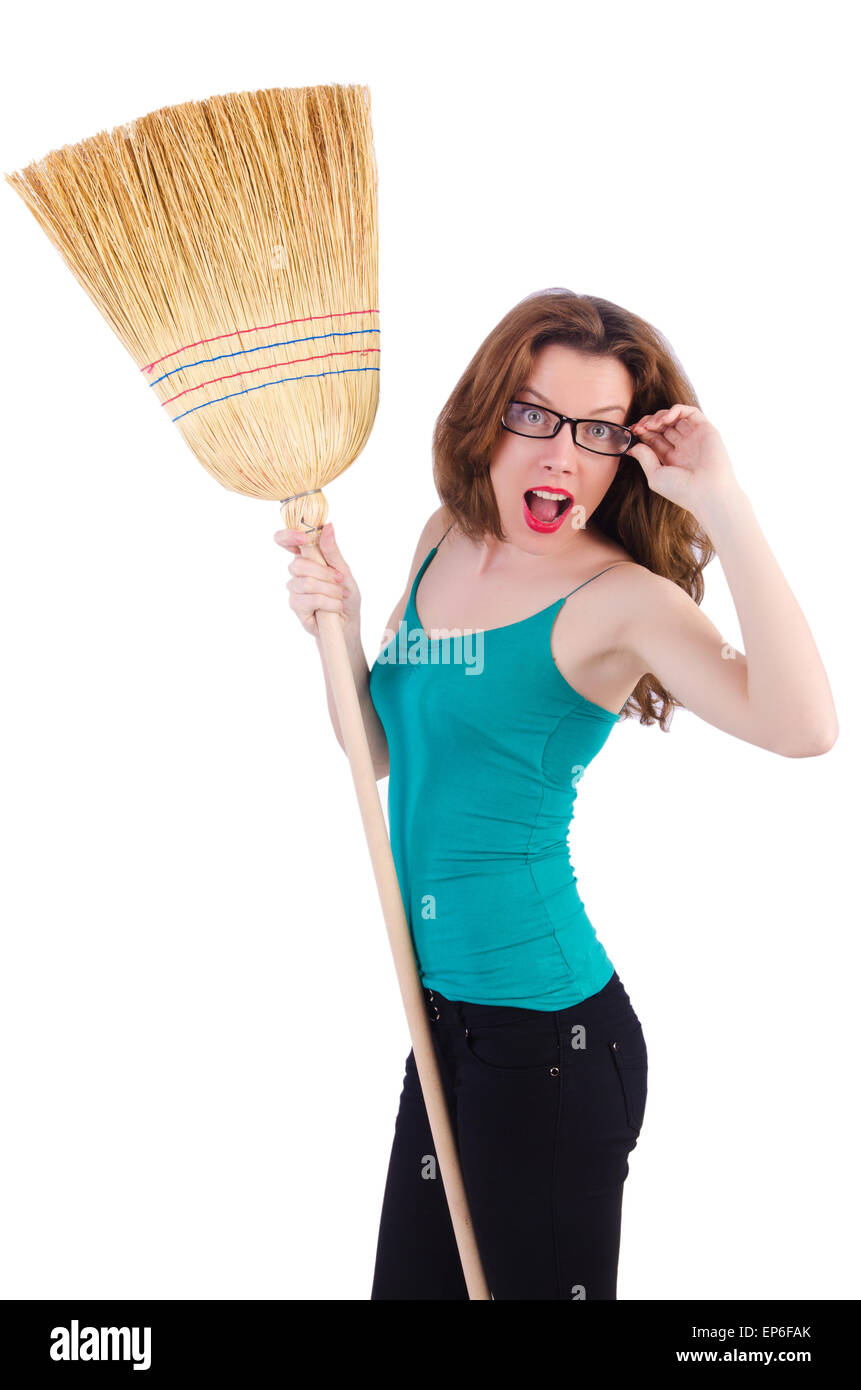 Young woman with broom on white Stock Photo - Alamy