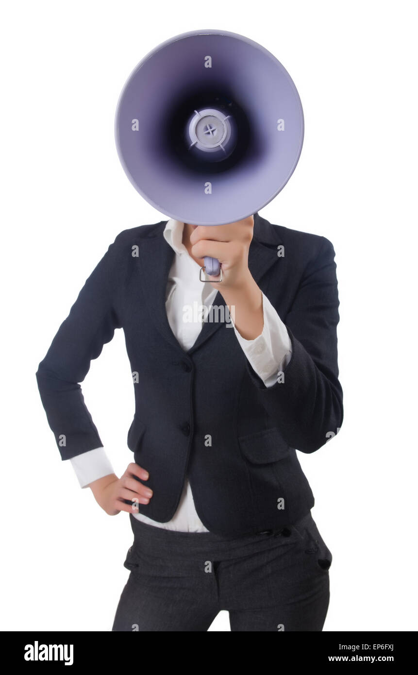 Woman with loudspeaker on white Stock Photo - Alamy