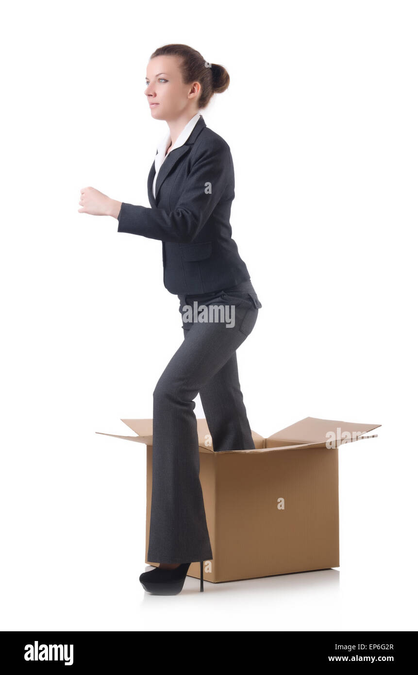 Woman with boxes on white Stock Photo - Alamy