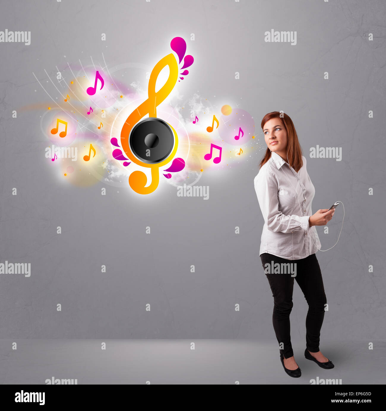 pretty girl singing and listening to music with musical notes Stock ...